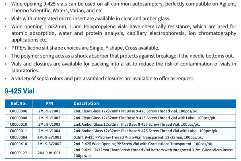 2ml 9-425 Autosampler Vials-企业官网